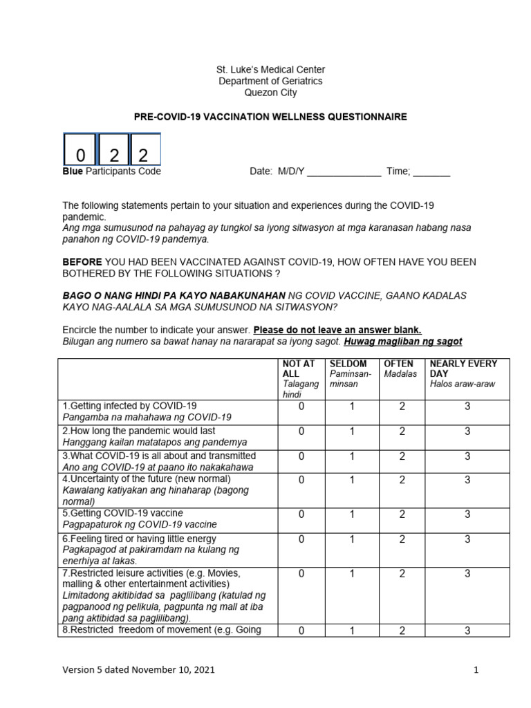 Wellness Questionnaire-022 | PDF | Diseases And Disorders | Epidemiology