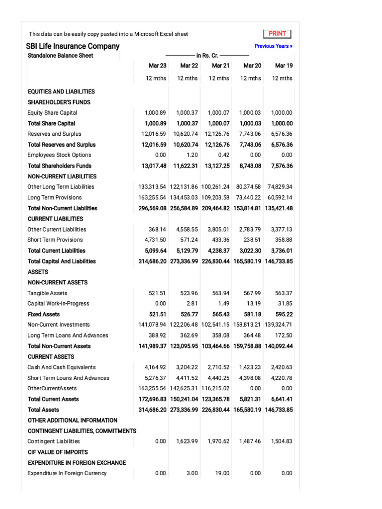 SBI Life Insurance Balance Sheet 2023 | PDF | Equity (Finance) | Investing