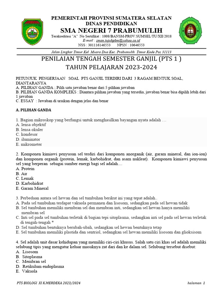 Soal PTS Biologi Kelas Xi SMTR 1 September 2023 - Lilis | PDF