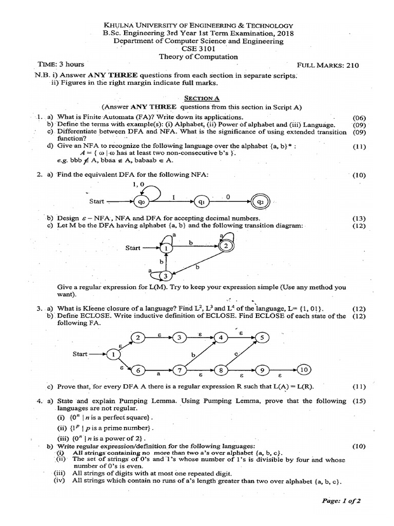 CSE 3101 Theory of Computation Exam 2018 | PDF | Teaching Methods ...