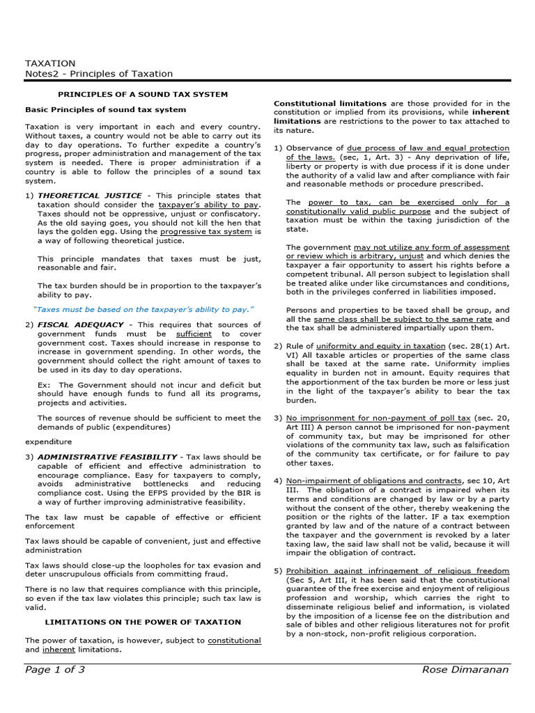 Notes2 - Basic Concepts and Principles in Taxation | PDF | Taxes | Tax ...