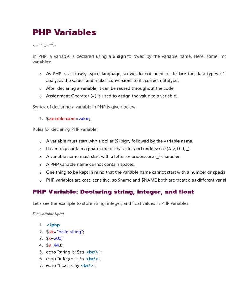 PHP Variables: PHP Variable: Declaring String, Integer, and Float | PDF ...
