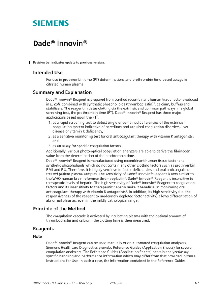 Dade Innovin | PDF | Coagulation | Medical Specialties