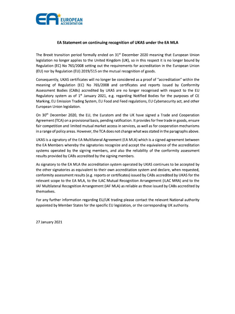 EA Statement On UKAS Recognition | PDF EA Statement On UKAS Recognition | PDF