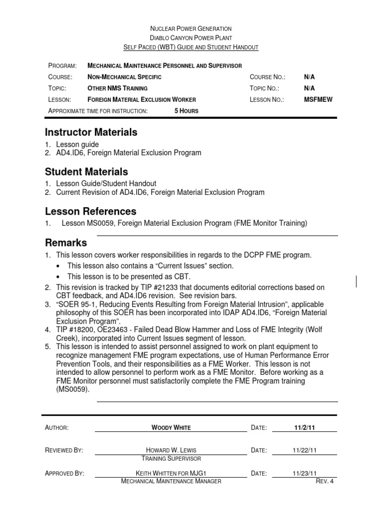 Foreign Material Exclusion Training Guide | PDF | Pipe (Fluid ...