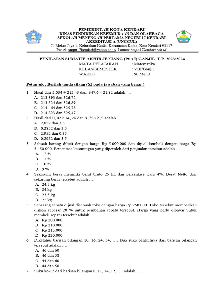 Soal Psaj Ganjil Matematika Kelas 8 | PDF