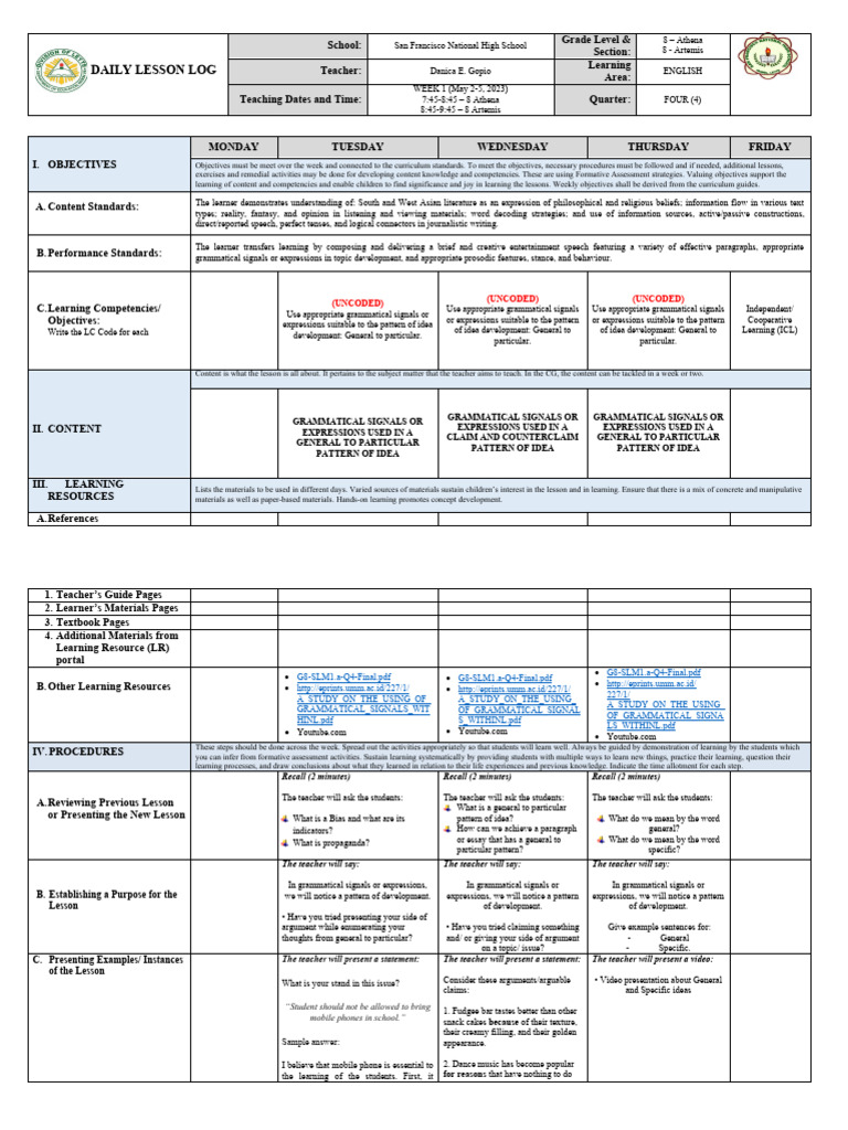 DLL Eng8 4thQ Week 1 | PDF