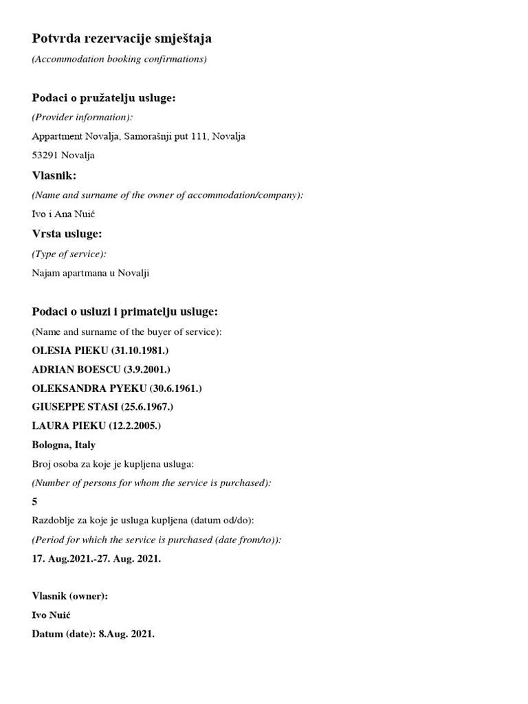 Potvrda Rezervacije | PDF