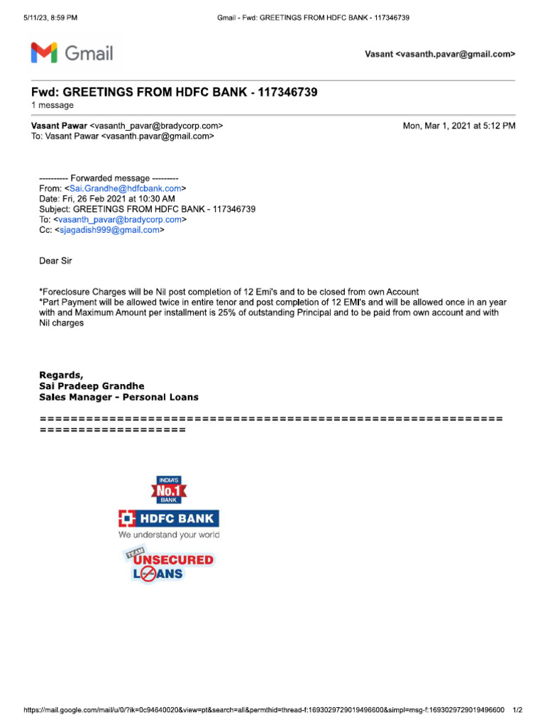 HDFC Loan Preclouse Email | PDF
