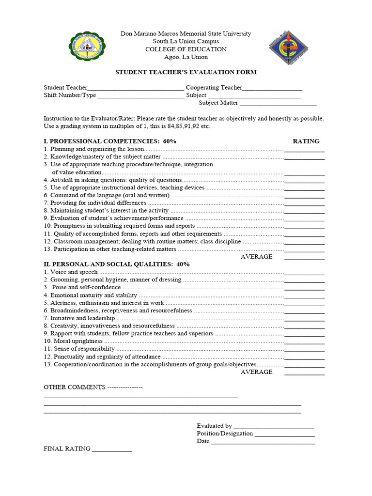 ST Evaluation Form | PDF | Teachers | Psychological Concepts