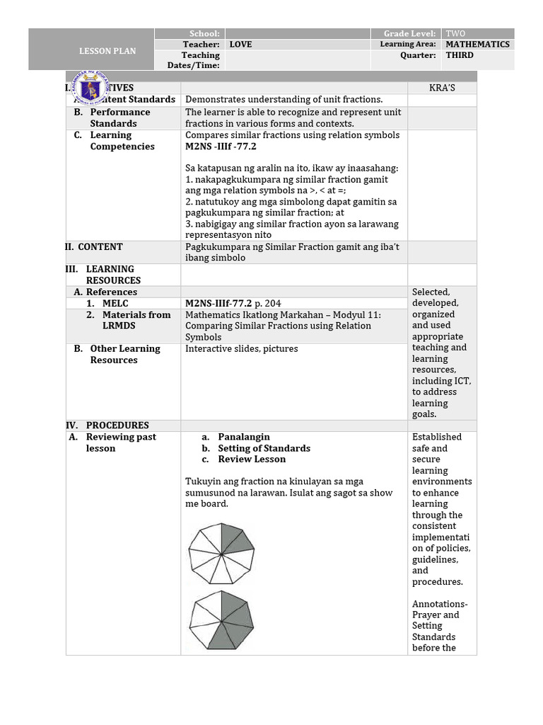 MATH2 - Q3 - Comparing Similar Fractions Using Relation Symbols | PDF | Teaching | Pedagogy
