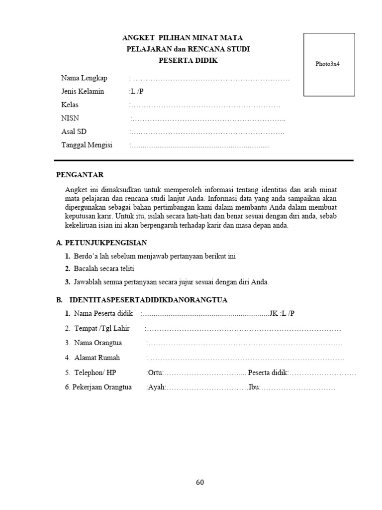 Contoh Angket Pilihan Minat Mata Pelajaran Dan Rencana Studi Lanjut | PDF