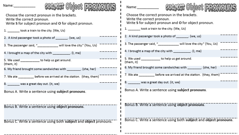 Worksheet - Subject Vs Object Pronouns v2 | PDF