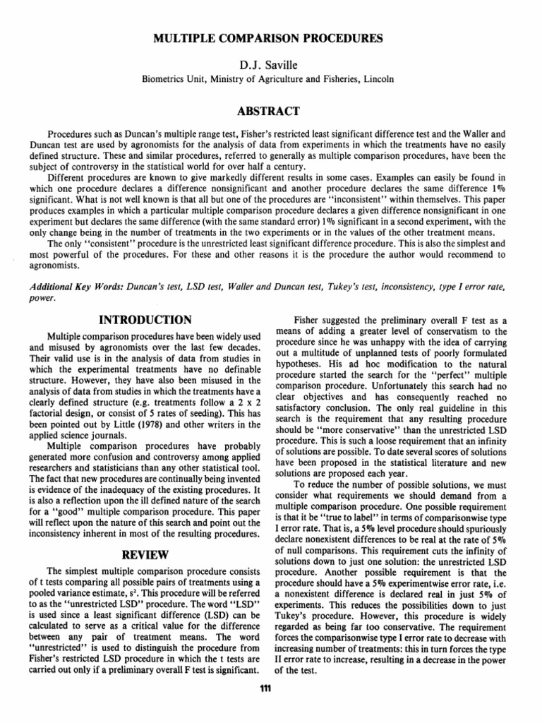 Saville 1985 | PDF | Multiple Comparisons Problem | Statistics