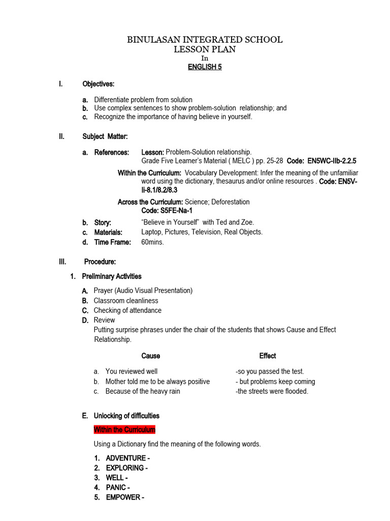 Lesson Plan in English 5-Problem and Solution | PDF | Learning | Cognition