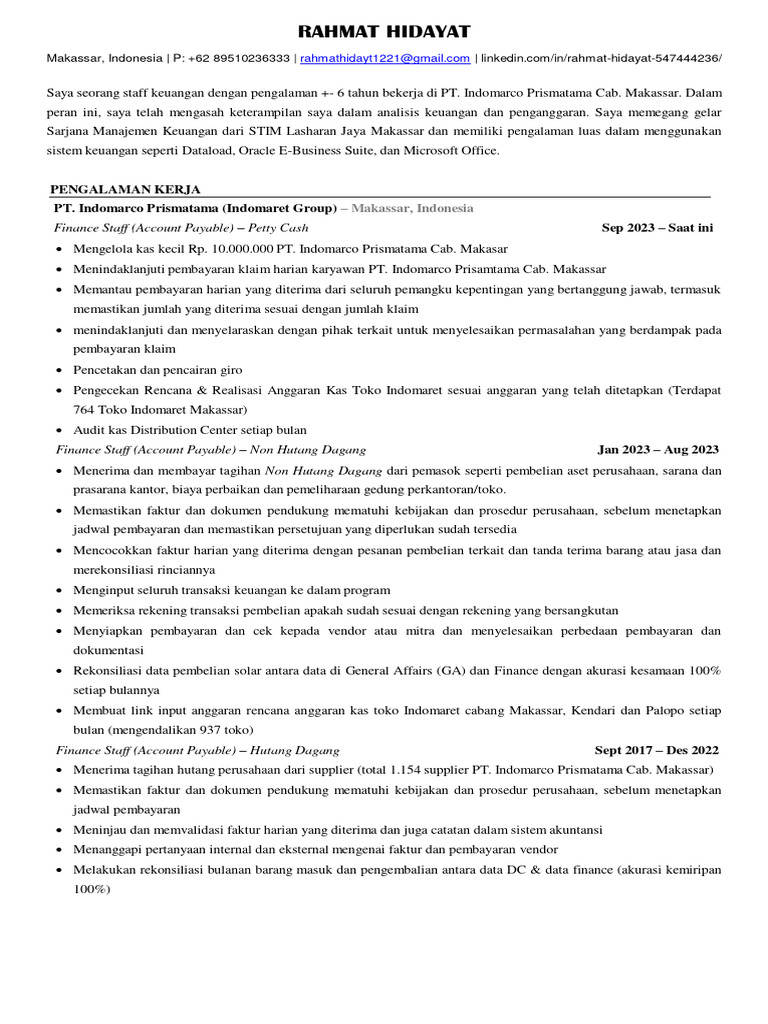 CV - Rahmat Hidayat | PDF | Bisnis | Pengelolaan Keuangan & Uang