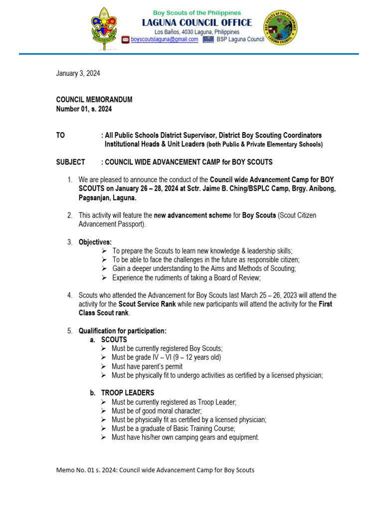 Council Memo No. 01 S. 2024 Council Wide Advancement Camp For BOY SDO ...