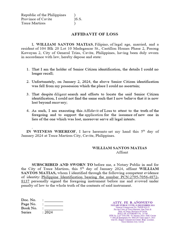2024 AFFIDAVIT OF LOSS Senior Citizen ID-WILLIAM SANTOS MATIAS | PDF | Affidavit | Civil Law ...