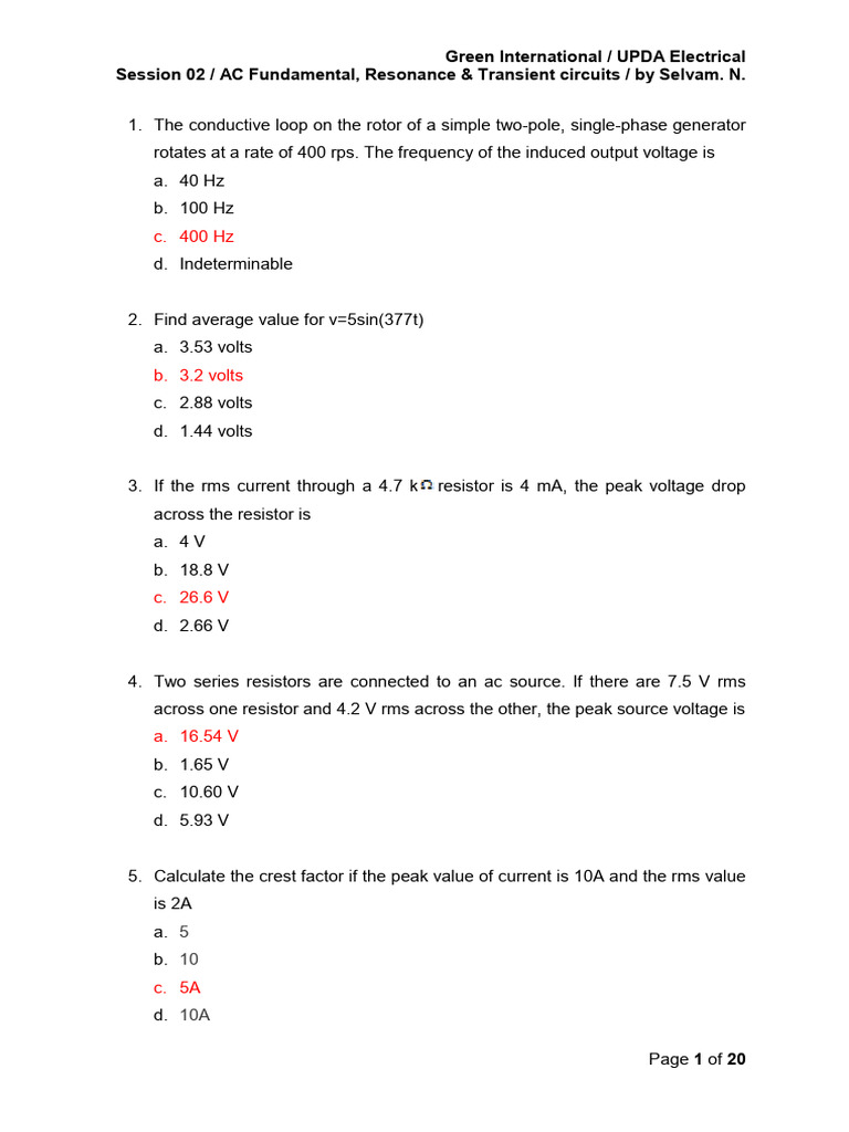 Q&A 2 AC Fundamental, Resonance, Transient CKT Q&A | PDF | Inductor ...