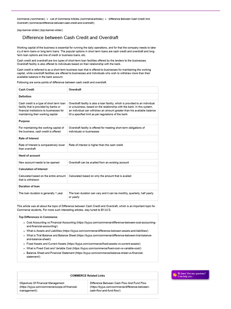 Cash Credit vs Overdraft Explained | PDF | Credit | Finance & Money ...