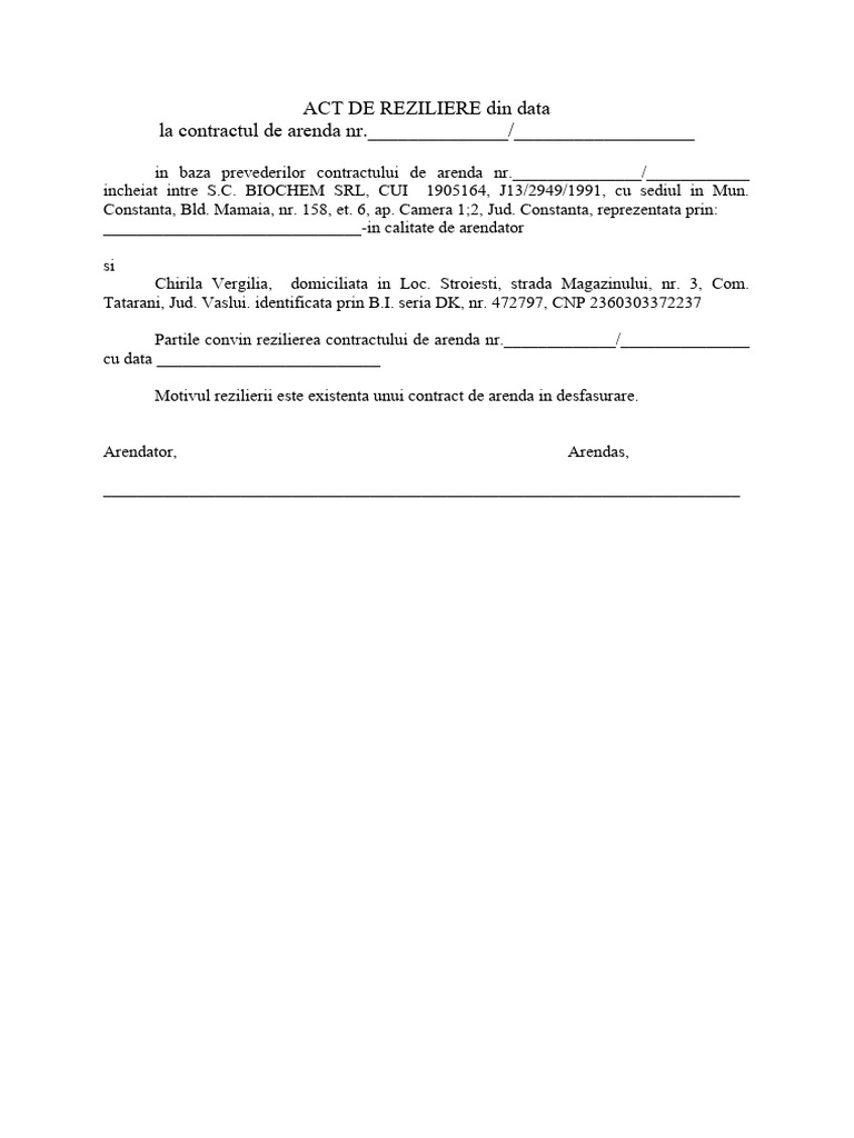 Reziliere Contract de Arenda | PDF