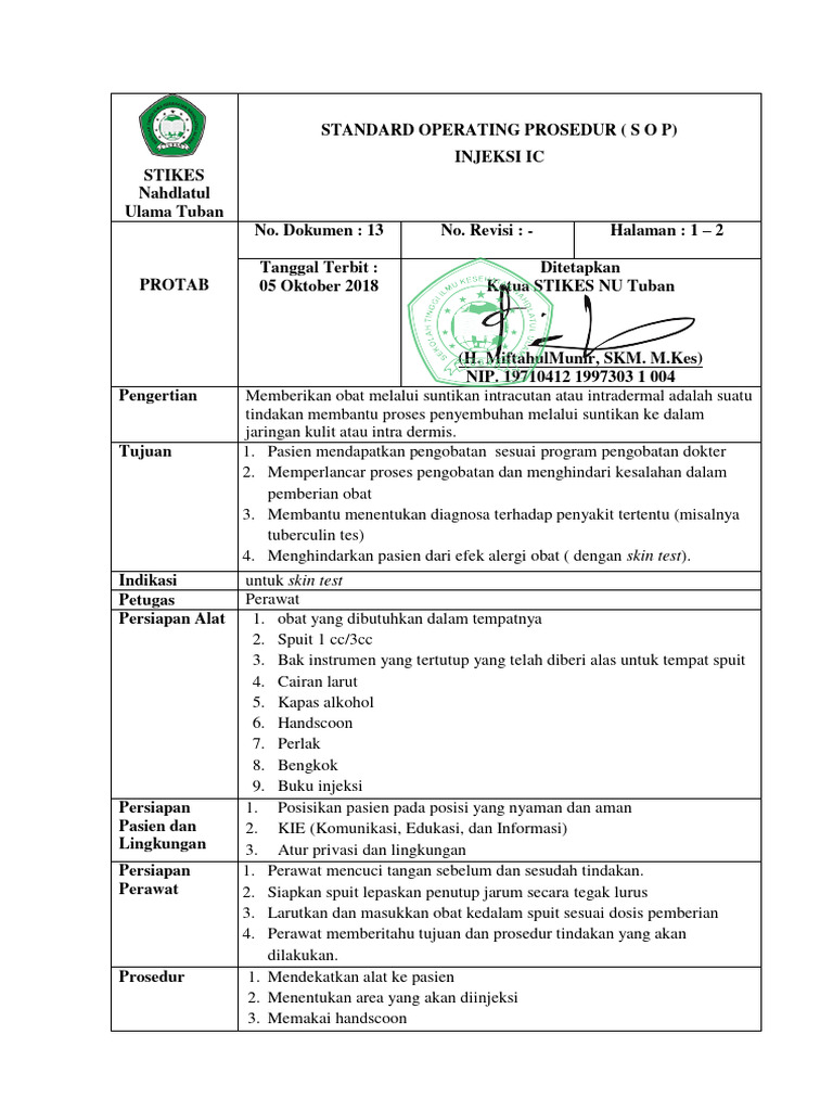 Sop Injeksi Ic 2018 | PDF | Sains & Matematika