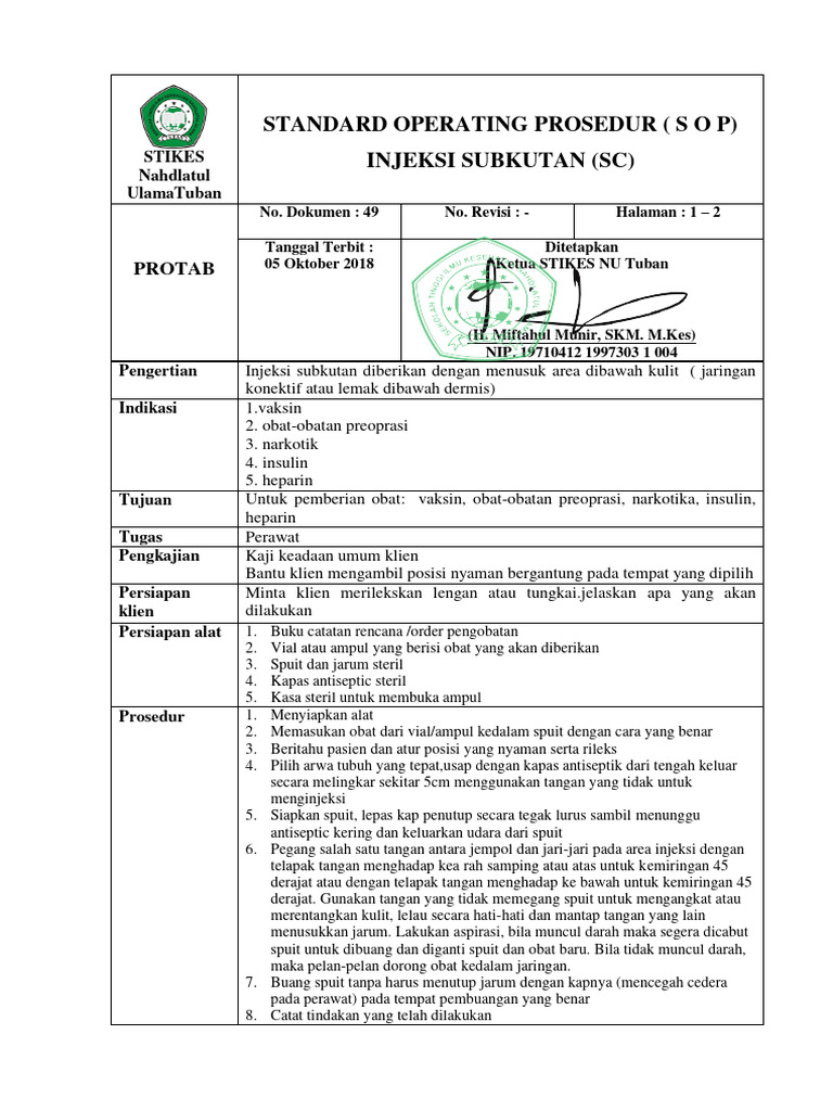 Sop Injeksi SC 2018 | PDF