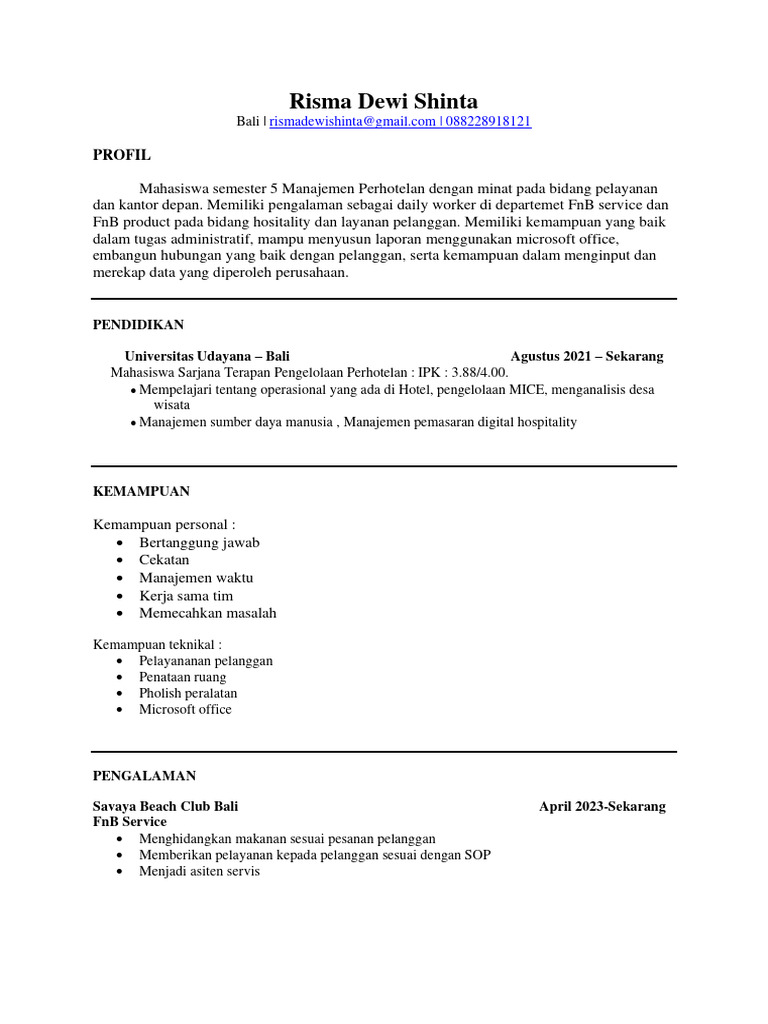 Contoh CV DW FNB | PDF | Karier & Perkembangan | Bisnis