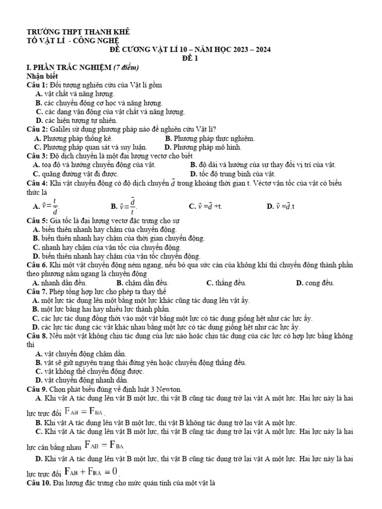 De Cuong Ly 10 - HK I - 23-24 Thanh Khe | PDF