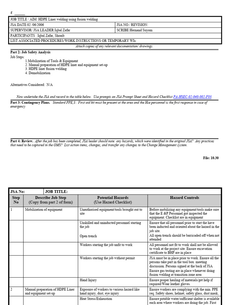 Copy (4) of JSA For HDPE Liner Fusion Welding | PDF | Personal Protective Equipment | Workplace