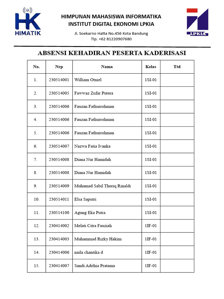 Absensi Kaderisasi Mahasiswa LPKIA | PDF