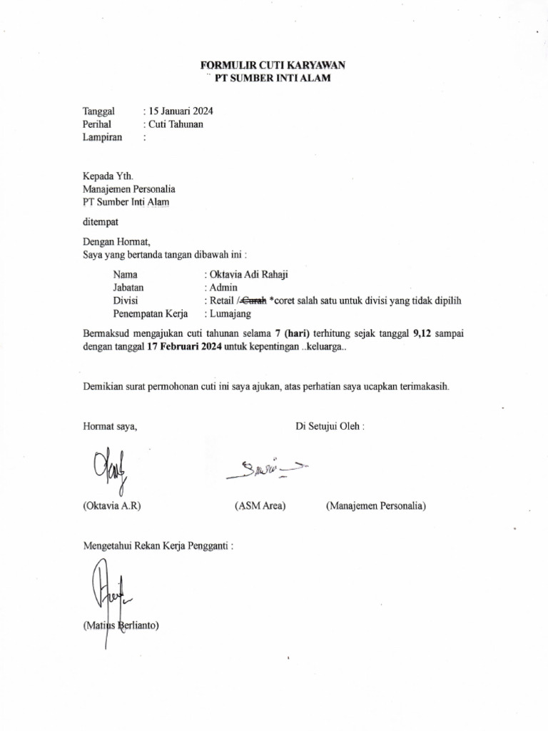 Formulir Cuti Karyawan - Sia 2024 | PDF