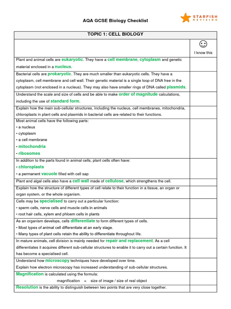 1 Cell Biology Checklist | PDF