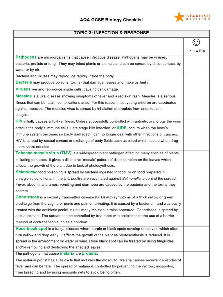3 Infection and Response Checklist | PDF | Pathogen | Infection
