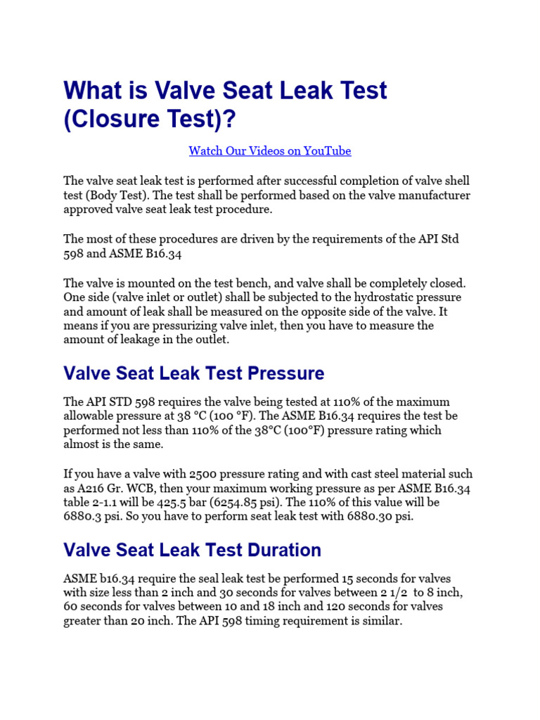 Valve Seat Leak Test Procedure | PDF | Leak | Valve