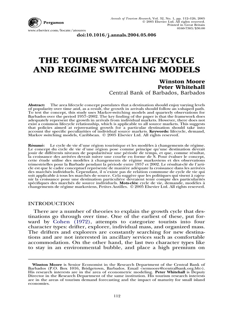 The Tourism Area Lifecycle and Regime Switching Models | PDF