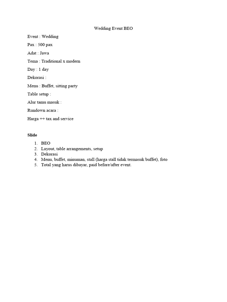 Wedding Event BEO | PDF