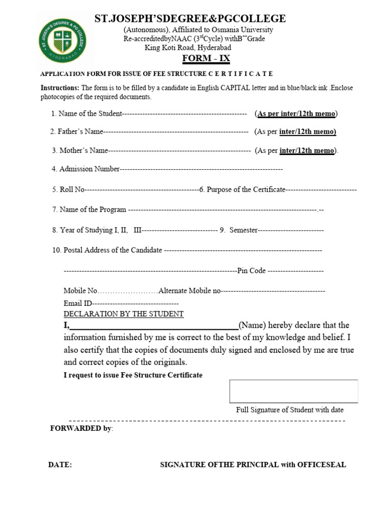 Application Form For Issue of Fee Structure Certificate | PDF