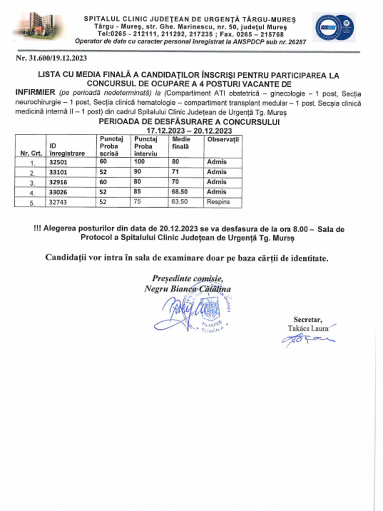 Tabel Cu Medie Finala Infirmier | PDF