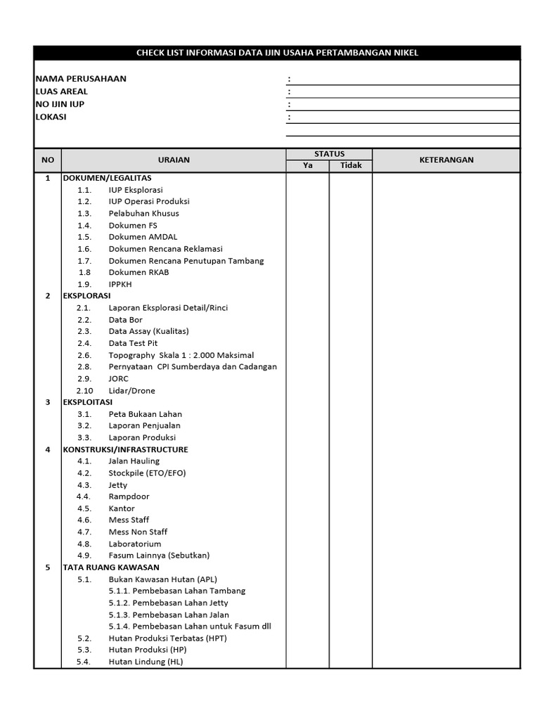 Check List Data Nikel | PDF | Teknologi & Rekayasa