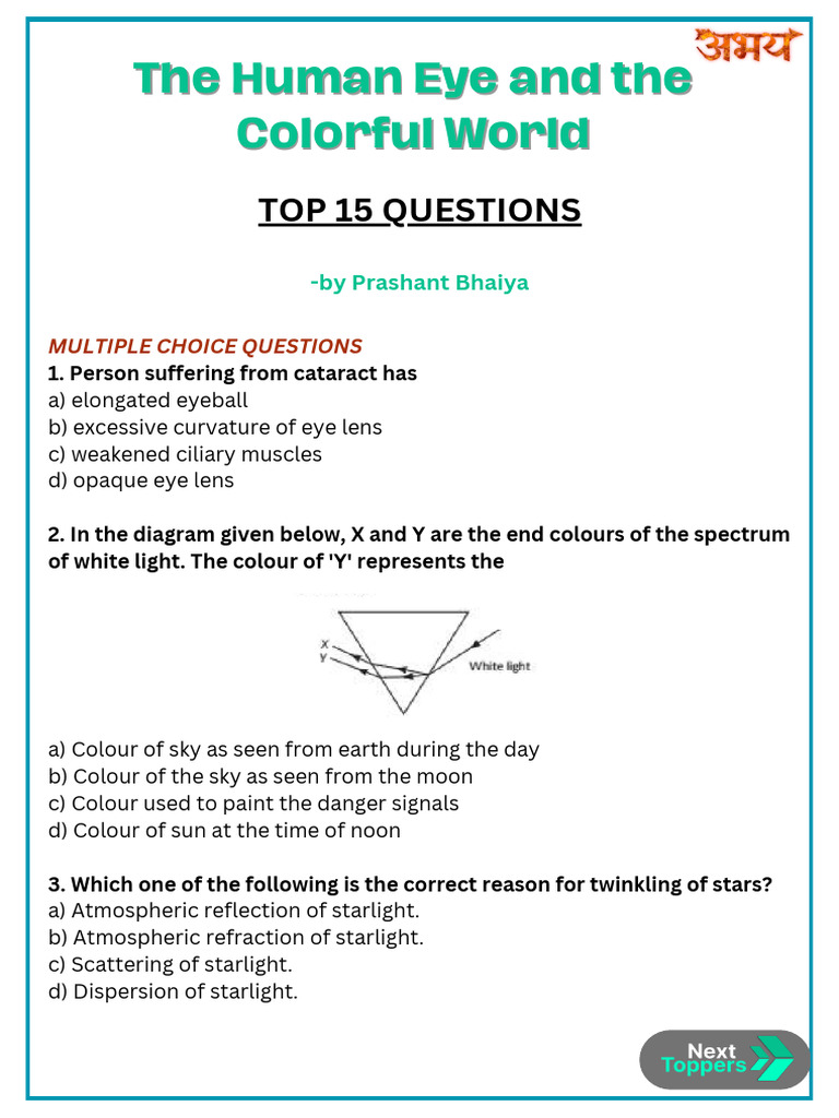 Human Eye and Colorful World TOP 15 Questions by Prashant Bhaiya | PDF ...
