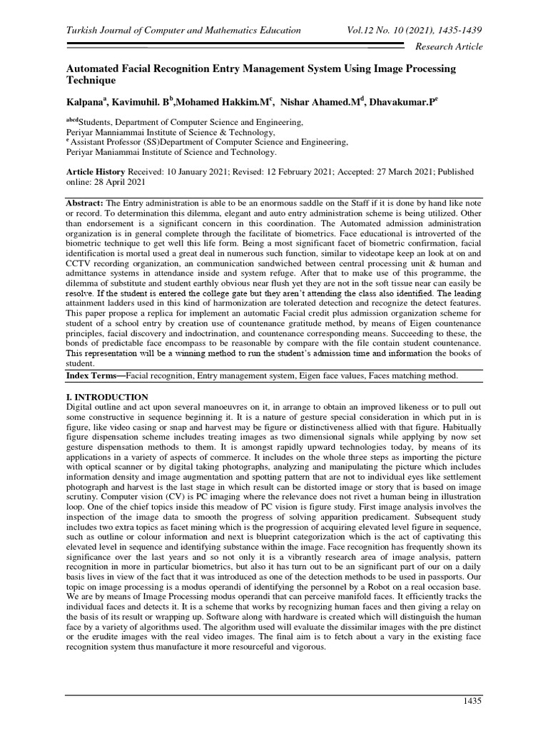 Automated Facial Recognition Entry Management System Using Image Processing Technique | PDF ...