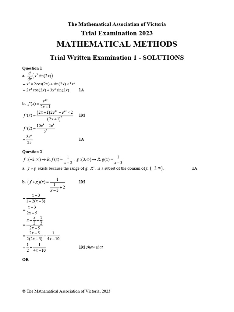 2023 MAV MathsMethods Trial Exam 1 Solutions | PDF | Applied Mathematics | Mathematical Relations