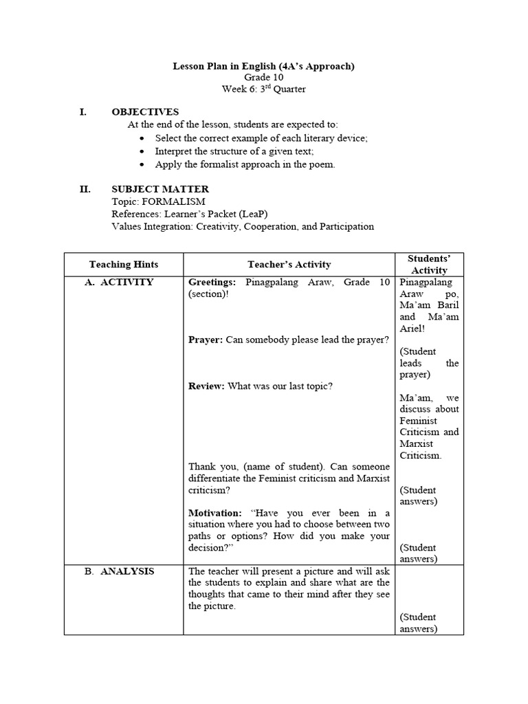 Grade 10 Formalism Lesson Plan | PDF | Poetry | Odor
