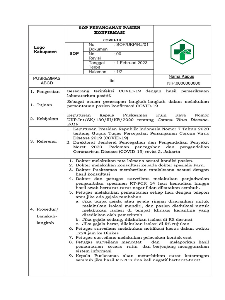Sop Penanganan Pasien Konfirmasi Covid | PDF