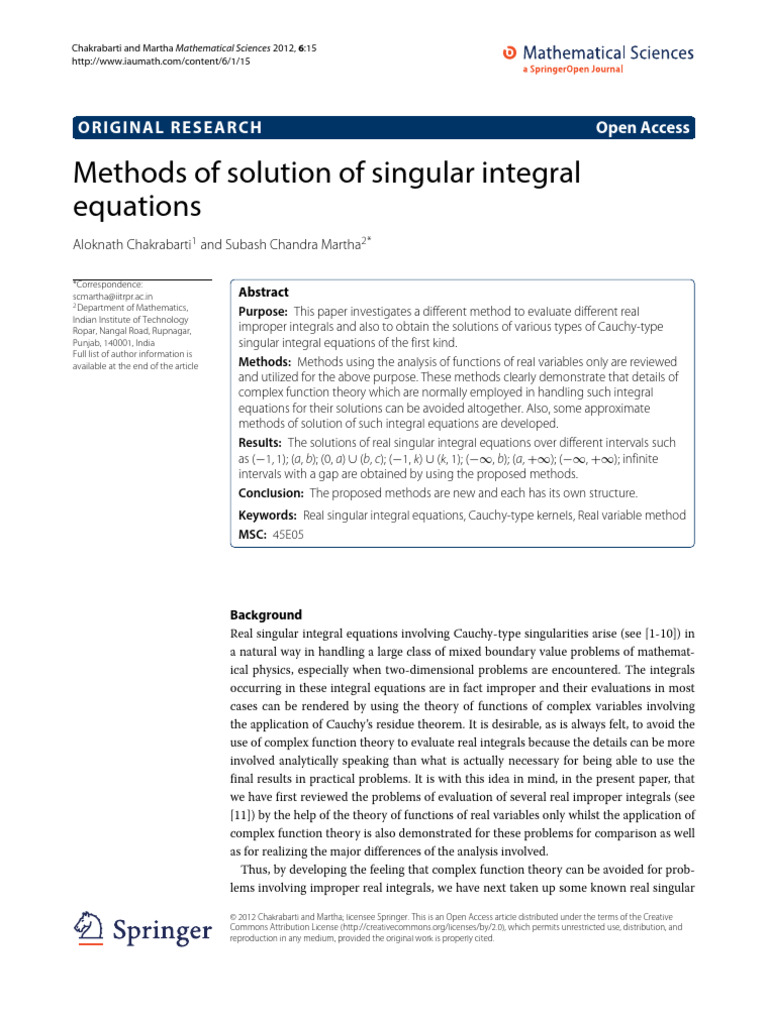 Methods of Solution of Singular Integral Equations Aloknath Chakrabarti Mathematical Sciences ...