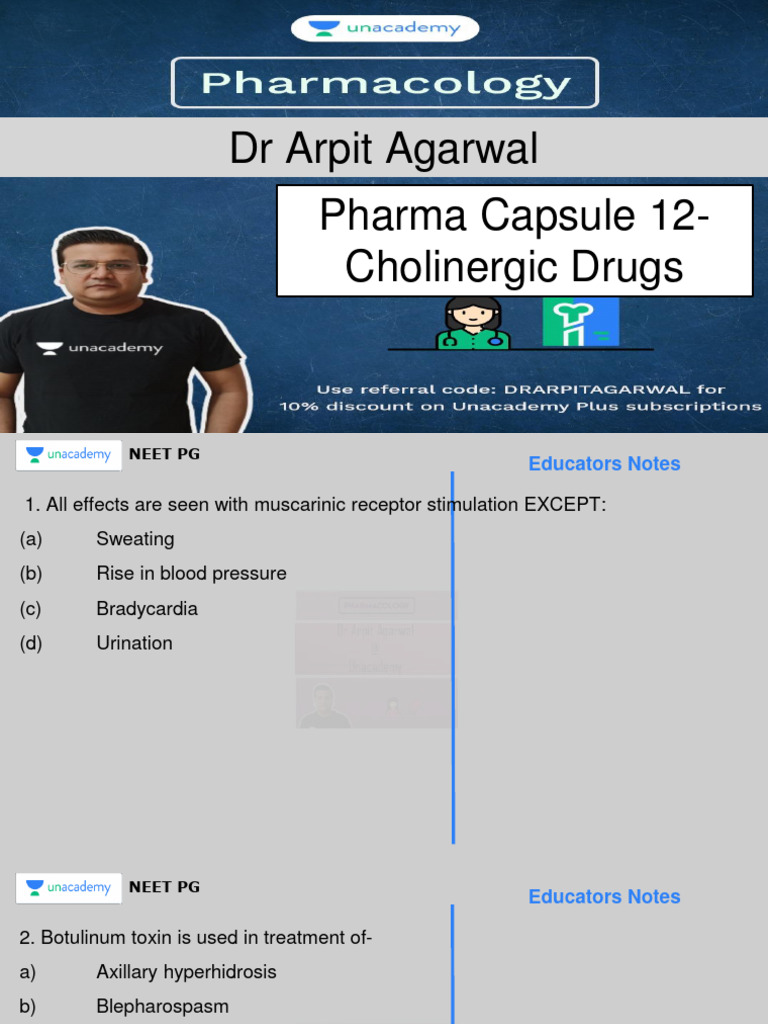DR Arpit Agarwal Pharma Capsule 12 - Cholinergic Drugs | PDF | Acetylcholine | Clinical Medicine