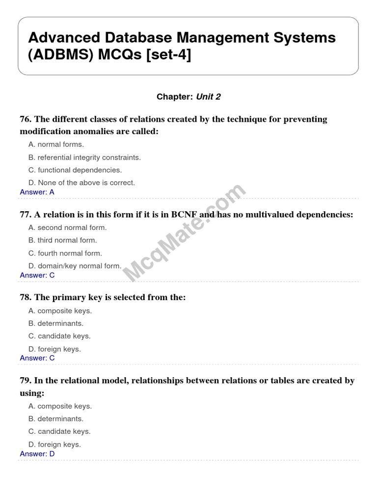 Advanced Database Management Systems (ADBMS) Solved MCQs (Set-4) | PDF | Relational Database ...