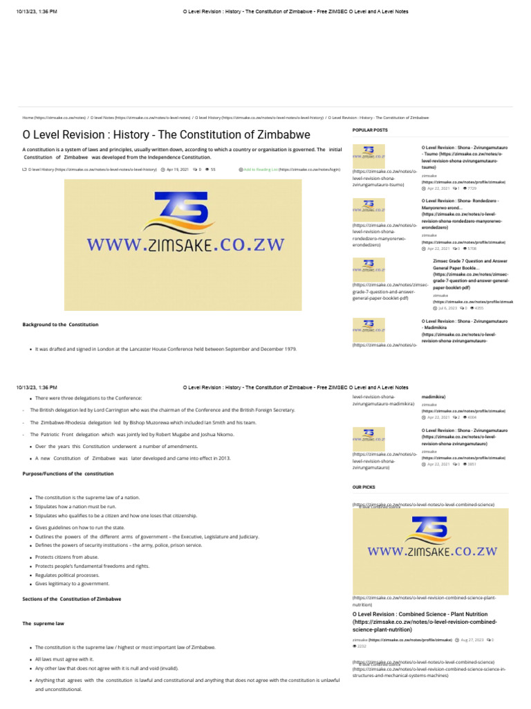 O Level Revision - History - The Constitution of Zimbabwe - Free ZIMSEC ...