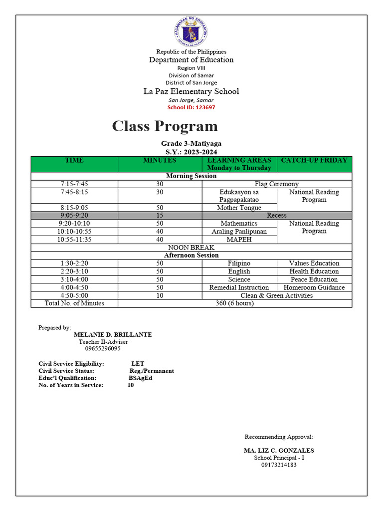 Grade 3 Class Program ON CATCH-UP FRODAY | PDF